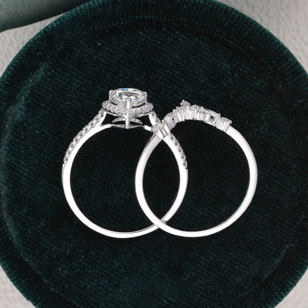 2.0CT Pear Cut Halo Moissanite Diamond Bridal Engagement Set