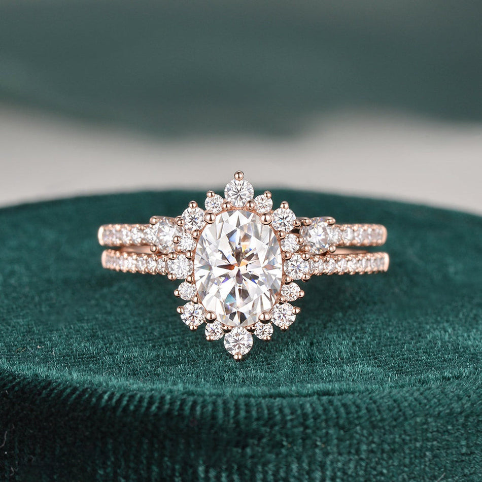 2.0CT Oval Cut Halo Moissanite Diamond Bridal Engagement Set